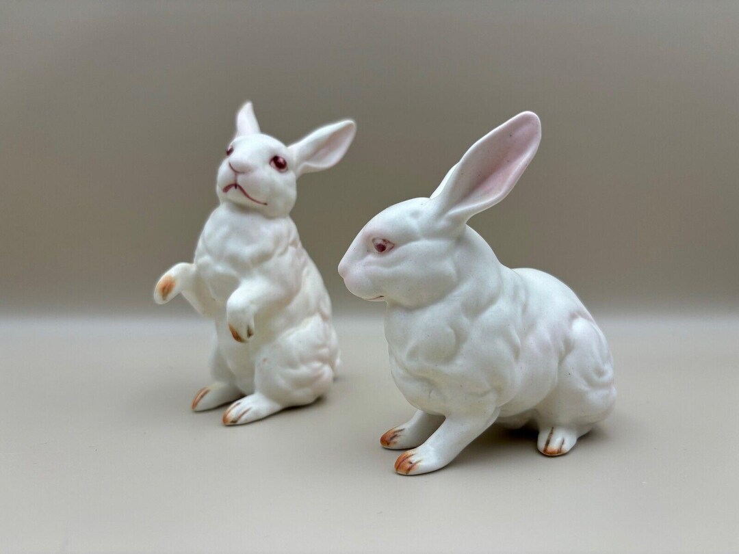 Lefton's White Bunny Rabbits H880 Pink Eyes Sitting up Laying Down ...