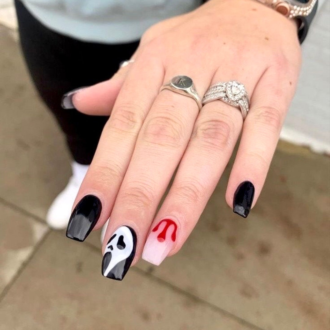 Screaming-press on Nails-halloween Nails-black Nails-halloween Nail Art ...