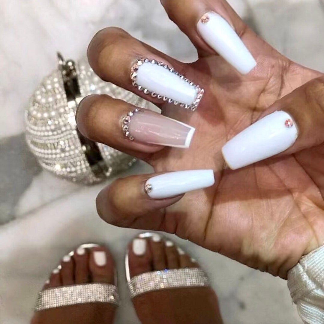 Clara-press on Nails-white Nails-luxury Nails-glue on Nails-rhinestones ...