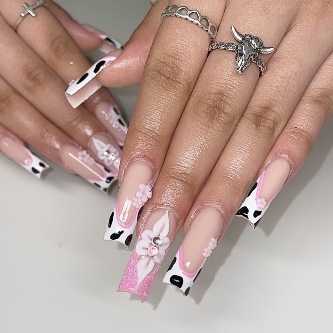 Pink Cowgirl Nails- Press on Nails-luxury Nails-cow Nails-nail Art ...