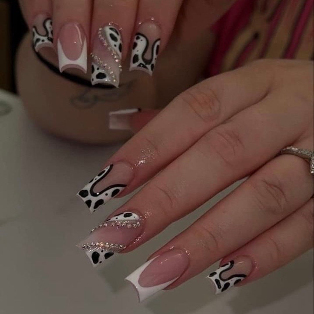 Luxurious Cow Print Nails-press on Nails-luxury Nails-white Nails ...