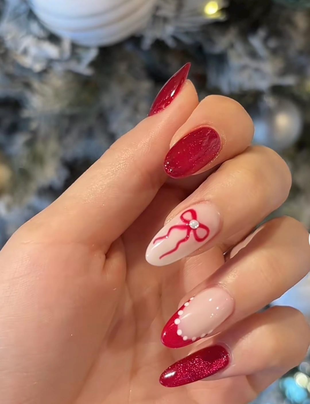 Red Bow Press on Nails-luxury Nails-red Nails-nail Art Almond Nails ...