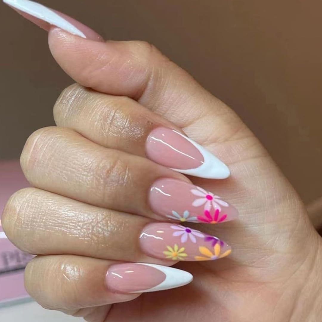 Spring Press on Nails-luxury Nails Pretty Nails-nail Art-daisy Almond ...