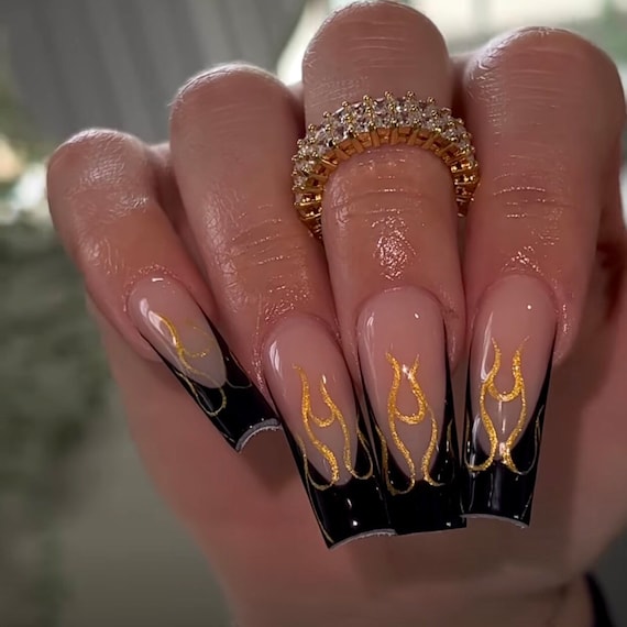 GOLD Flames black Nails luxury Nails french Nails glue on Nails black French Nails reusable Nails trendy Nails fancy Nails Etsy