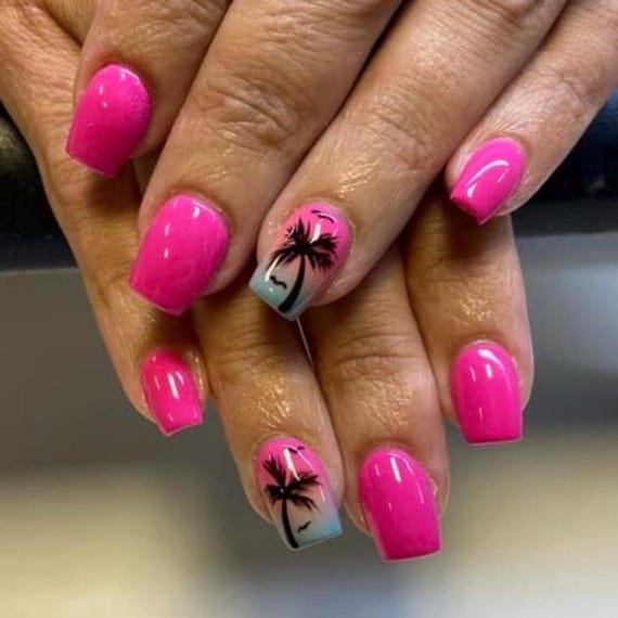 Hot Pink and Palms Nails Press on Nails luxury Nails square Nails nail Art fake Nails short Long Nails glue on Nails aesthetic Nails summer Etsy