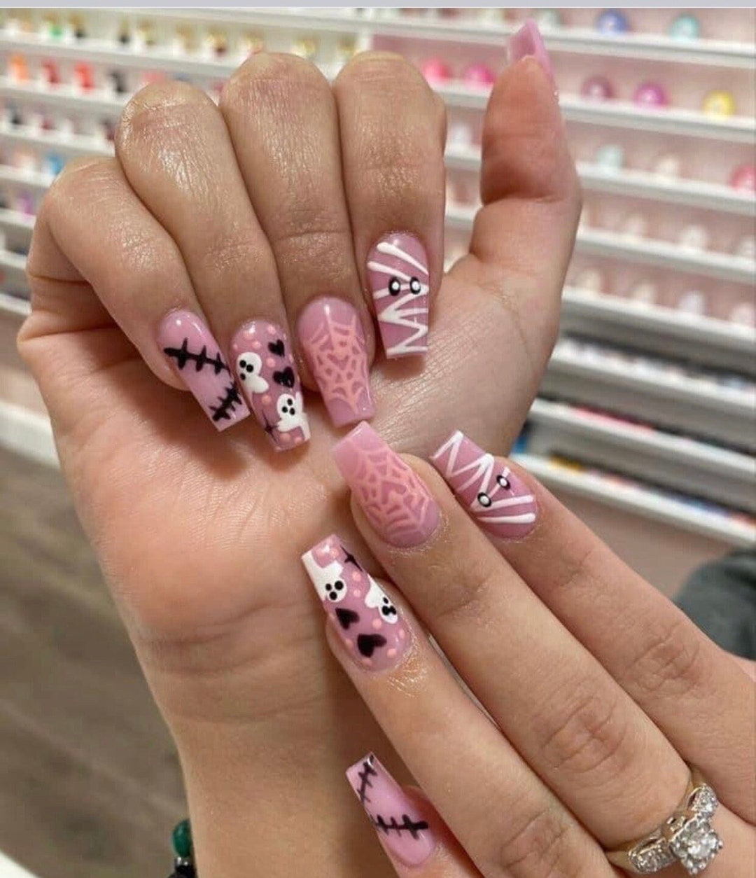 PINK HALLOWEEN Press on Nails-press on Nails Medium-ghost Nails ...