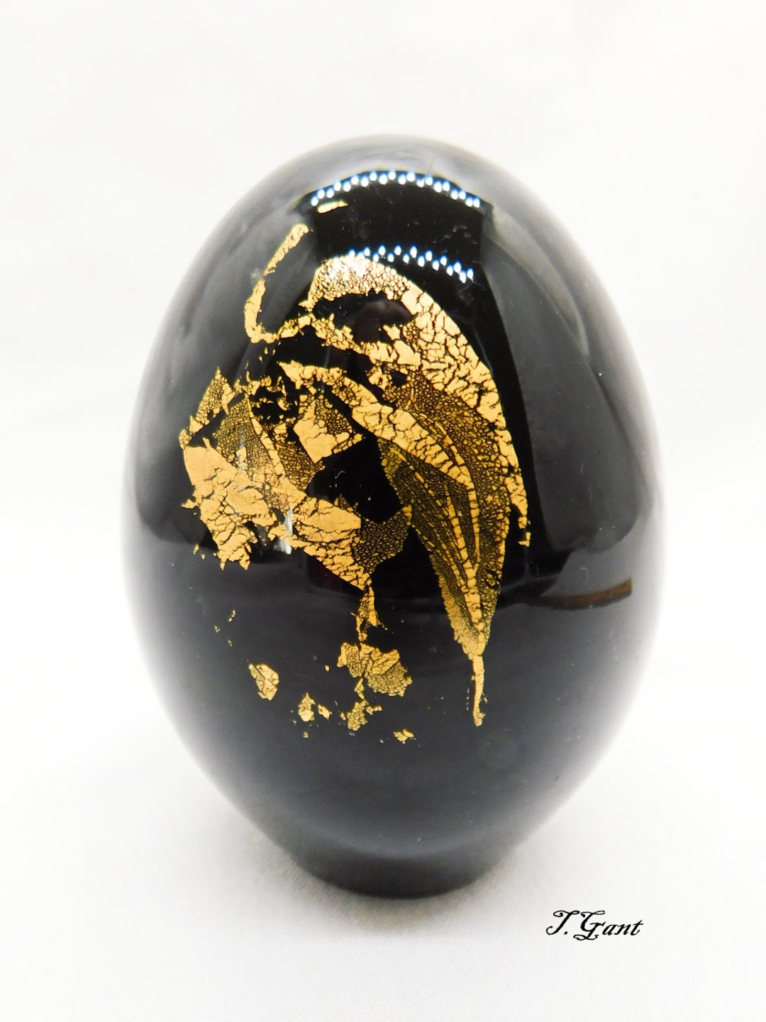Balos Art Glass Black Egg With Gold Leaf in It Paperweight With Sticker ...