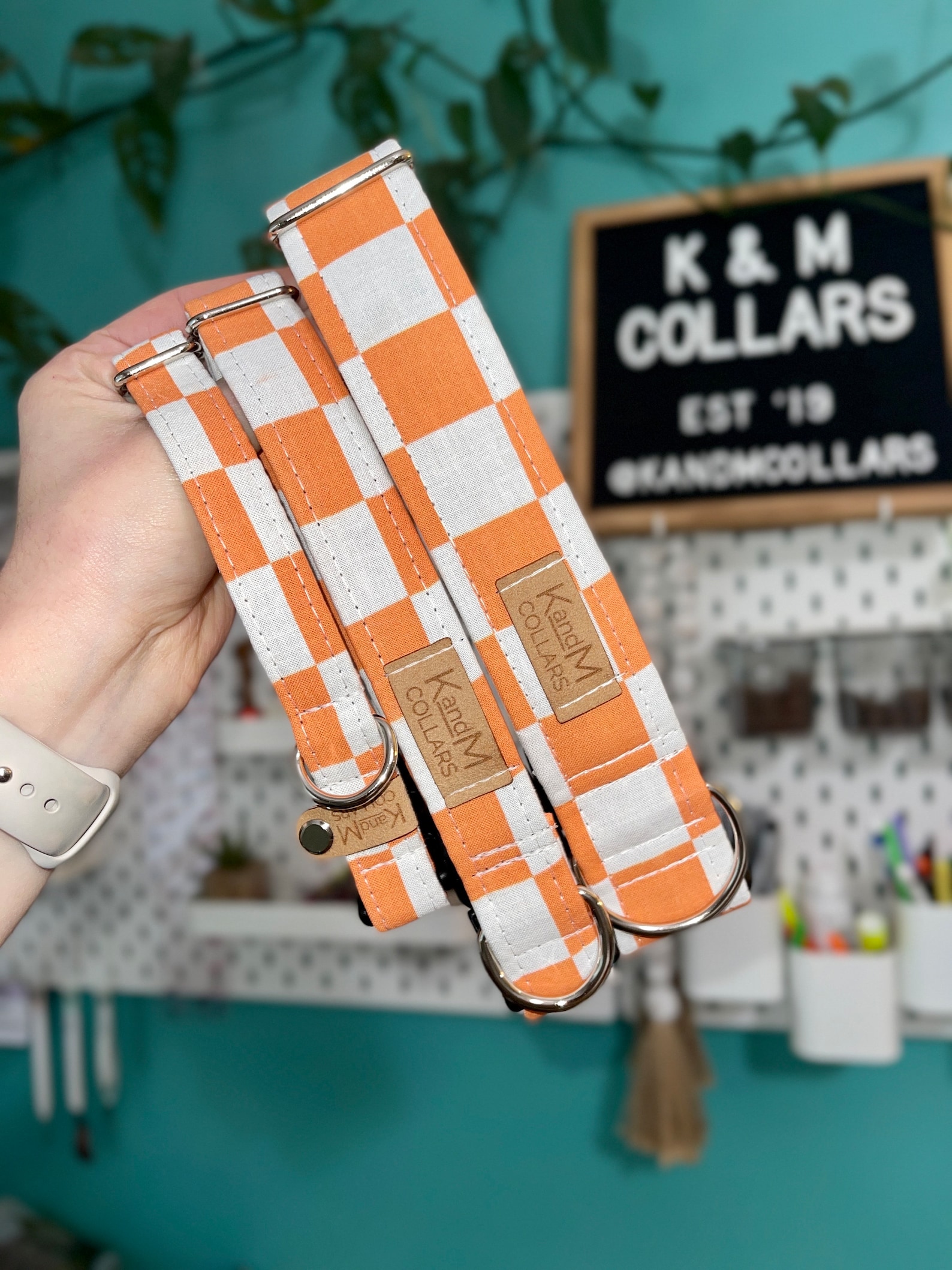 Orange and White Checkered Dog Collar, Martingale or Flat Collar, Dog ...