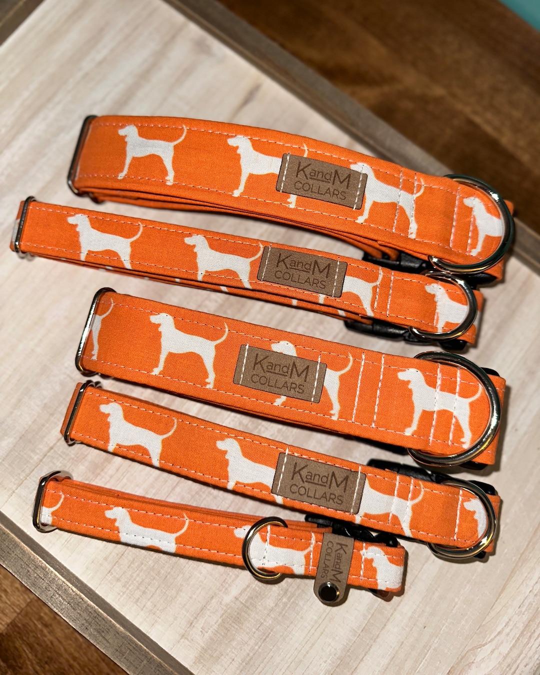 White Dogs on Orange Dog Collar, Martingale or Flat Collar, Fabric Dog ...