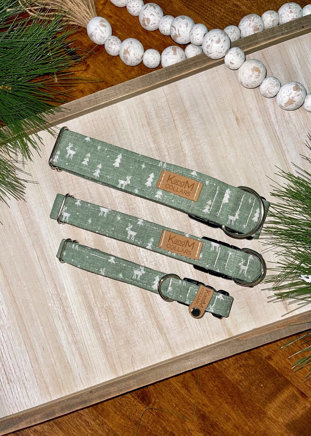 Sage Reindeer Dog Collar, Martingale or Flat Collar, Festive Dog Collar ...