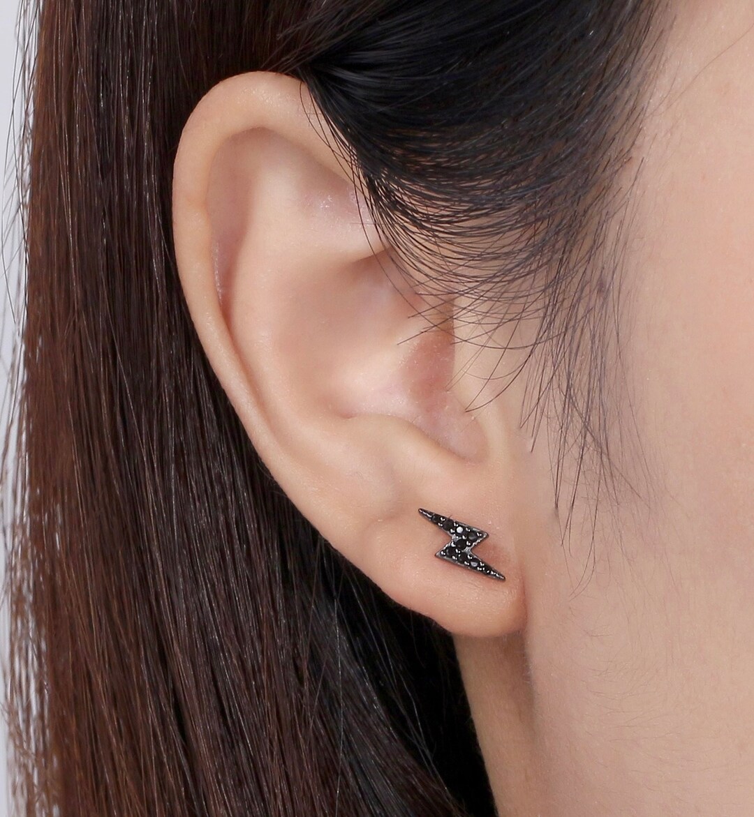 Lightning Bolt Stud Earrings in Sterling Silver, Silver, Gold or Black, Delicate Stacking ...