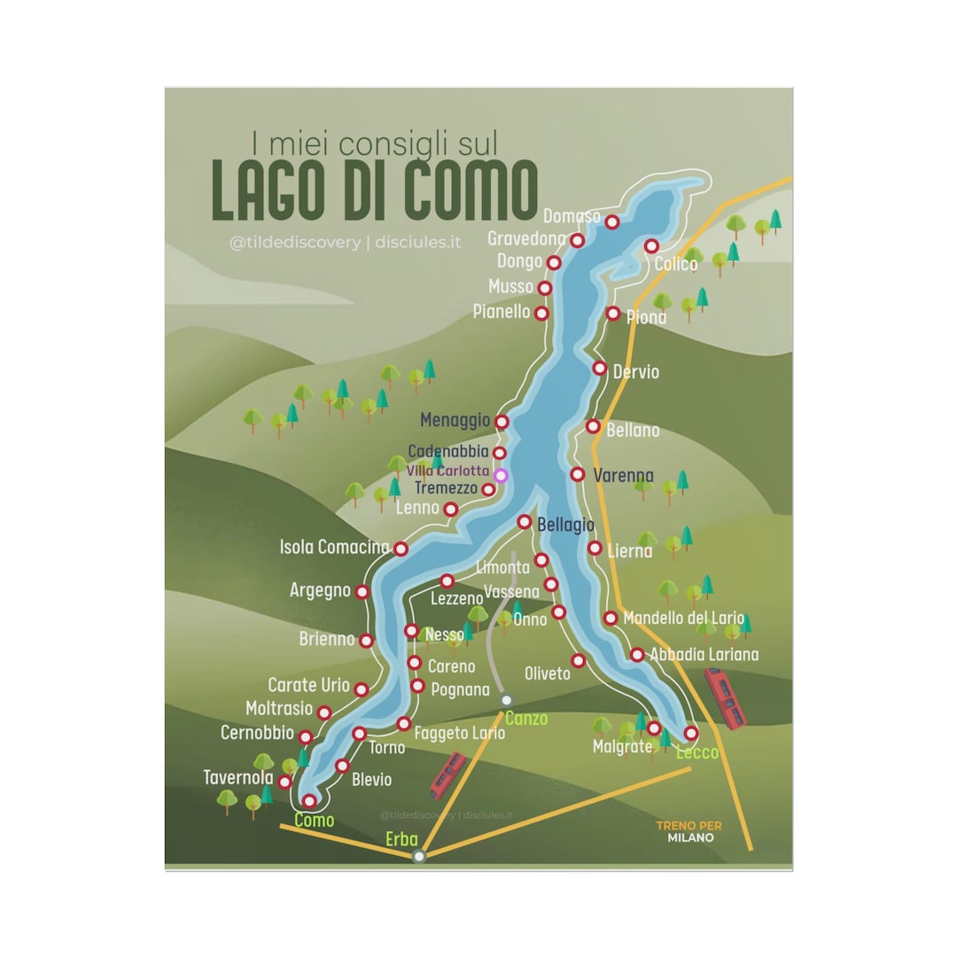 Lake Como Map Poster | Lake Como Travel Map Poster, Italian Lake Towns ...