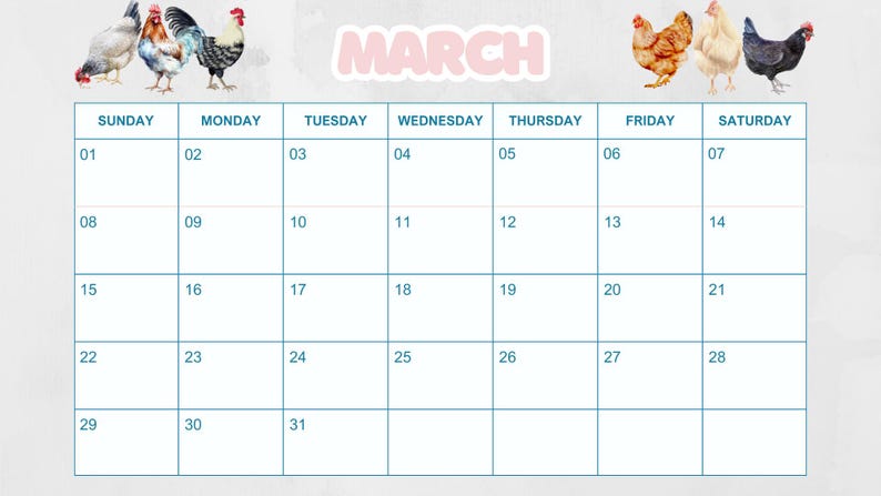 Printable Calendar, Chicken Themed, March Through December - Etsy