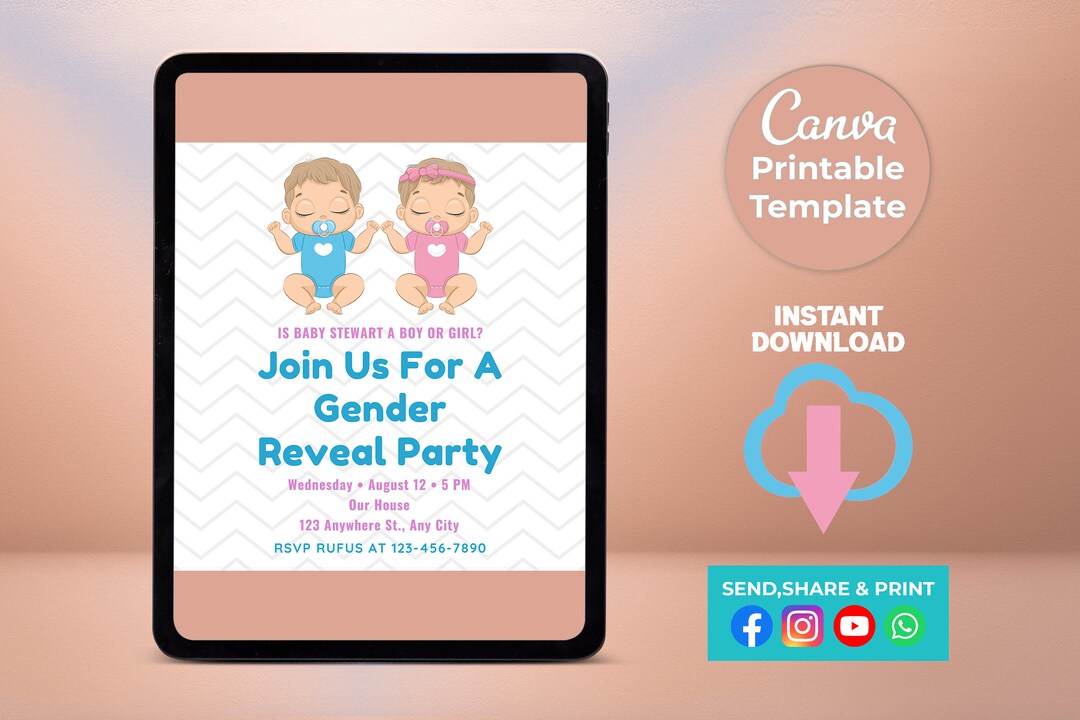Pink Blue Gender Reveal Invitation Template, He or She, Pastel Blue and ...