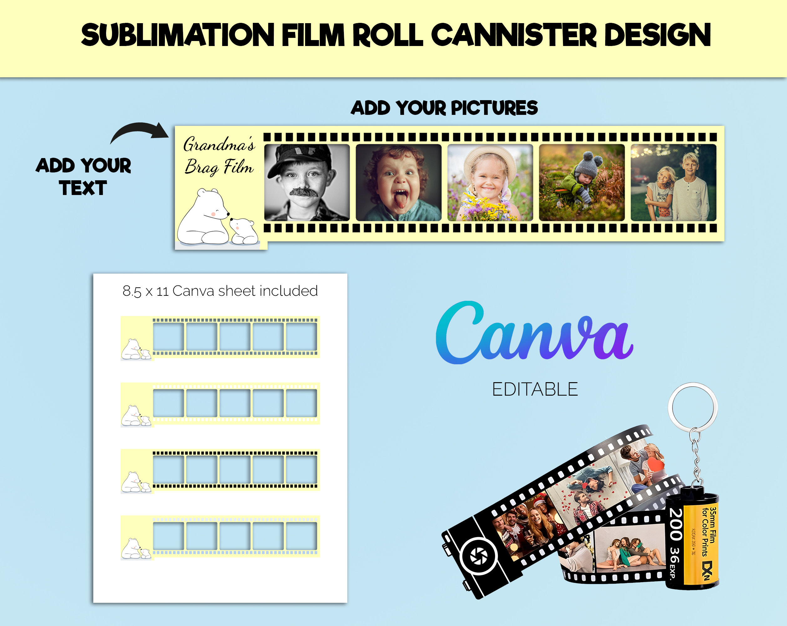 Film Canister Keychain Sublimation Design, Filmstrip Key Chain Template ...