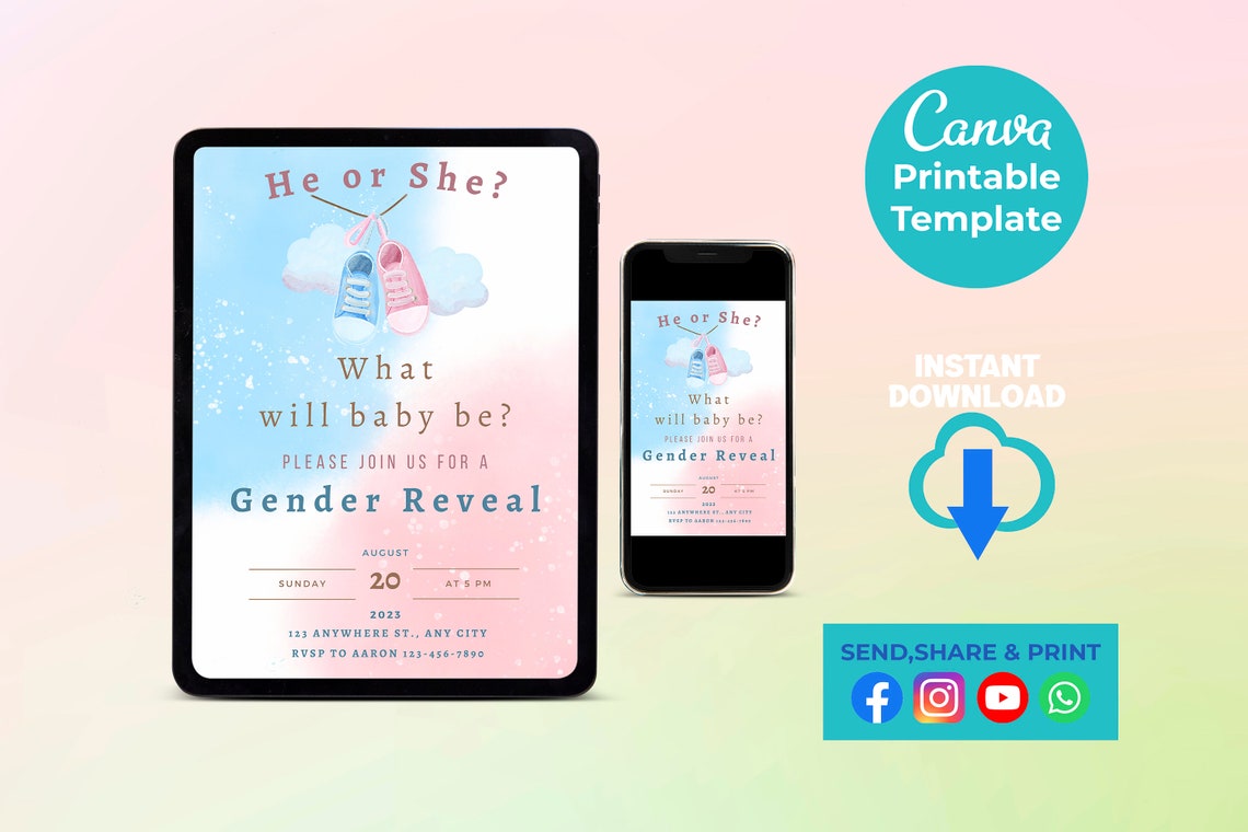 He or She Gender Reveal Invitation Template | Pink Blue Gender Reveal ...