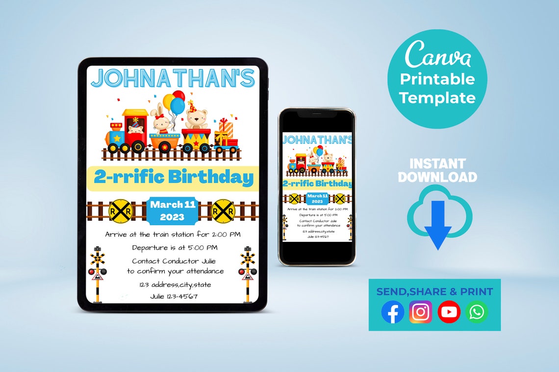 Printable Train Birthday Invitation, Train Party Invitation, Train ...