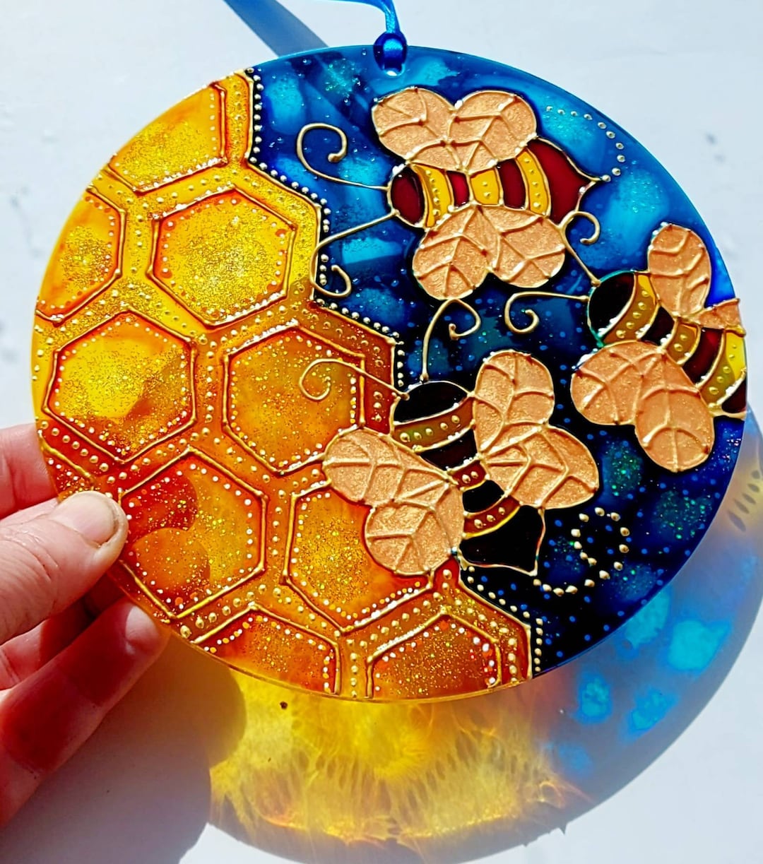 Hand Painted Bee and Honeycomb Sun Catcher - Etsy