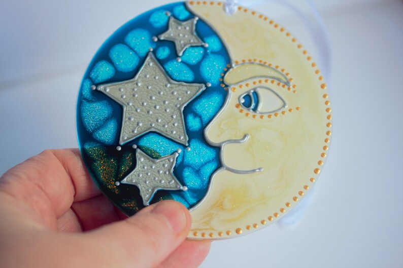 Hand Painted Glass Moon and Stars Suncatcher - Etsy UK