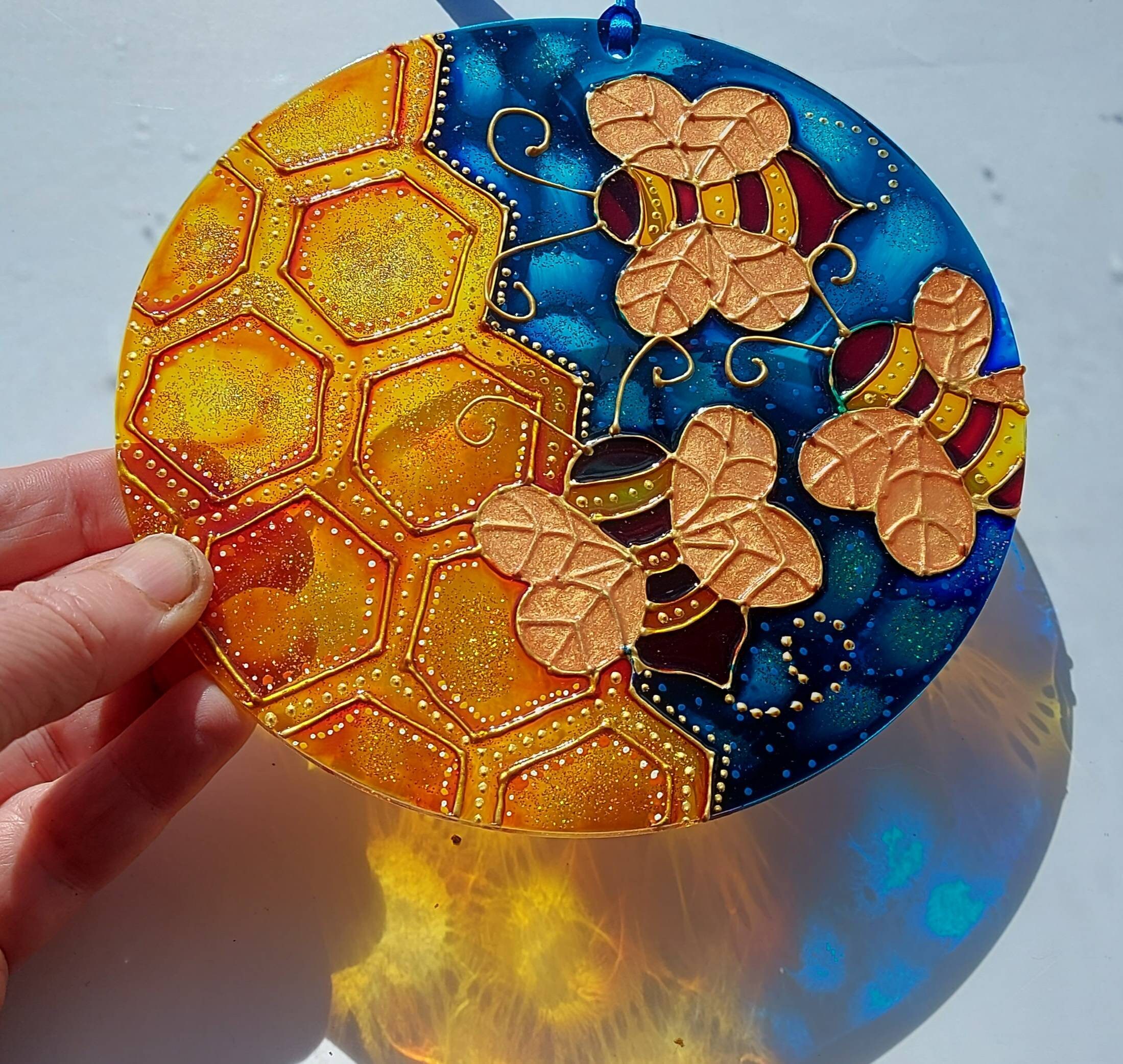 Hand Painted Bee and Honeycomb Sun Catcher - Etsy