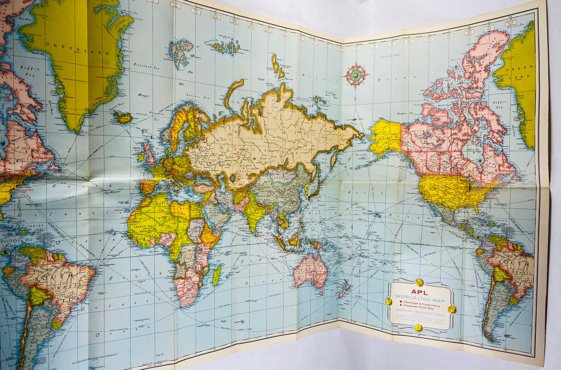 1968 Vintage World Map Lot American President Lines & Iberia - Etsy