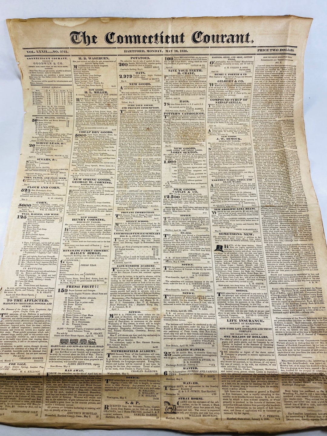 1836 Connecticut Courant Newspaper Circa May 16, 1836 GENUINE Antique ...