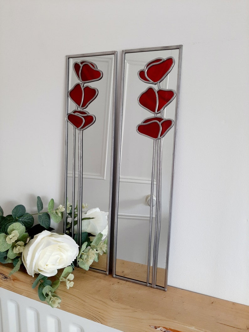 Opposite Pair Poppy 3 in Red Rennie Mackintosh Style Stained Glass ...