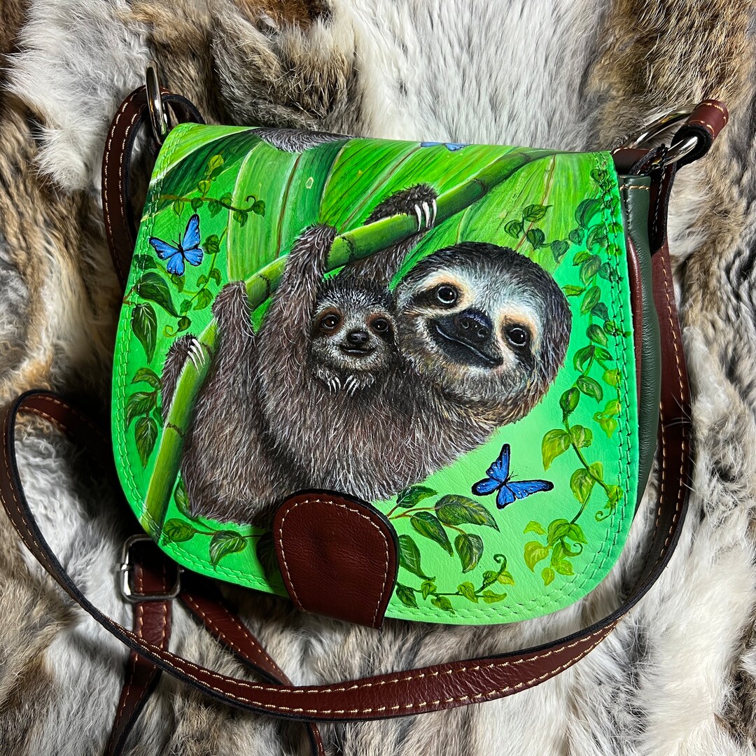 Sloth Family. Cute Love. Genuine Leather Handbag. Handpainted ...