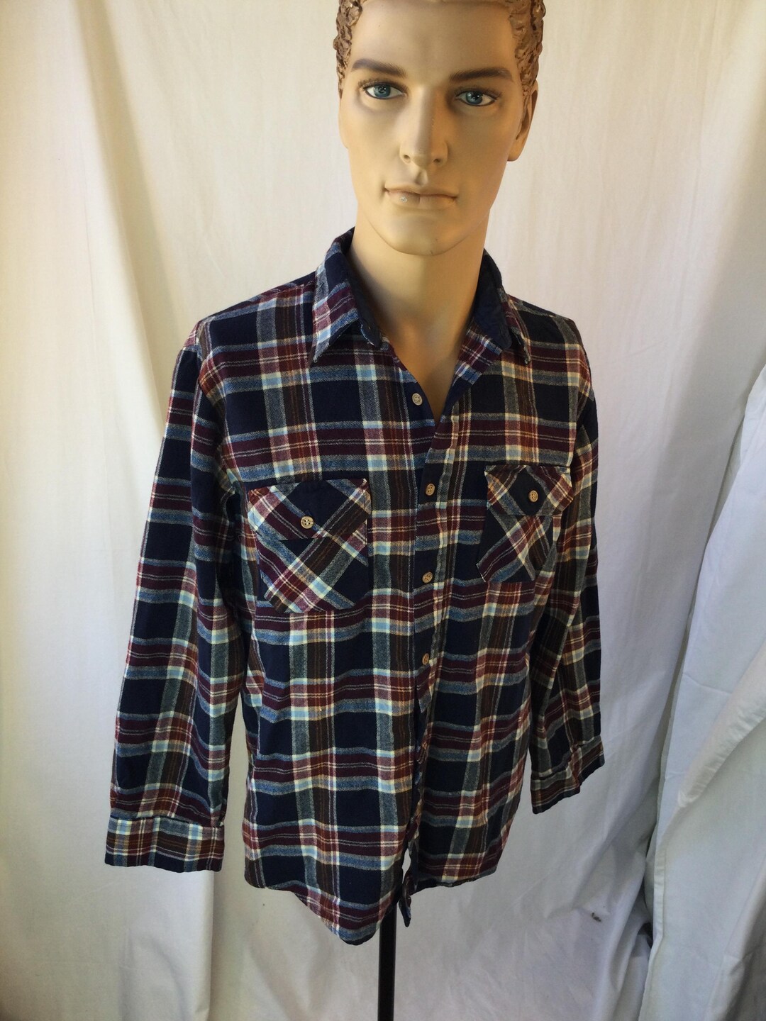 Dark Blue Vintage 1980s Plaid Shirt. Sears Brand - Etsy