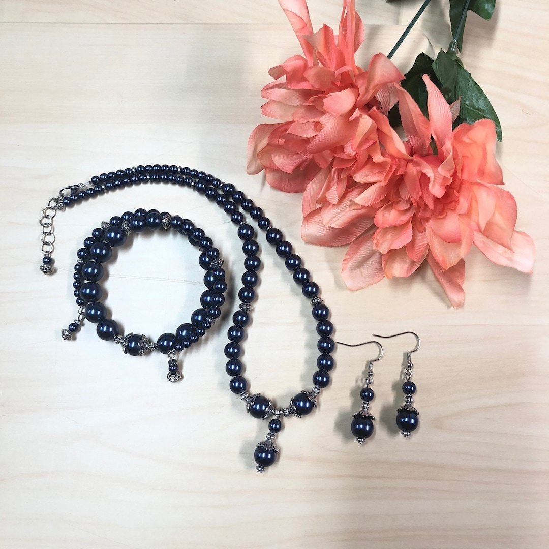 Navy Blue Pearl Jewelry Set, Navy Wedding Jewelry, Bridesmaid Jewelry ...