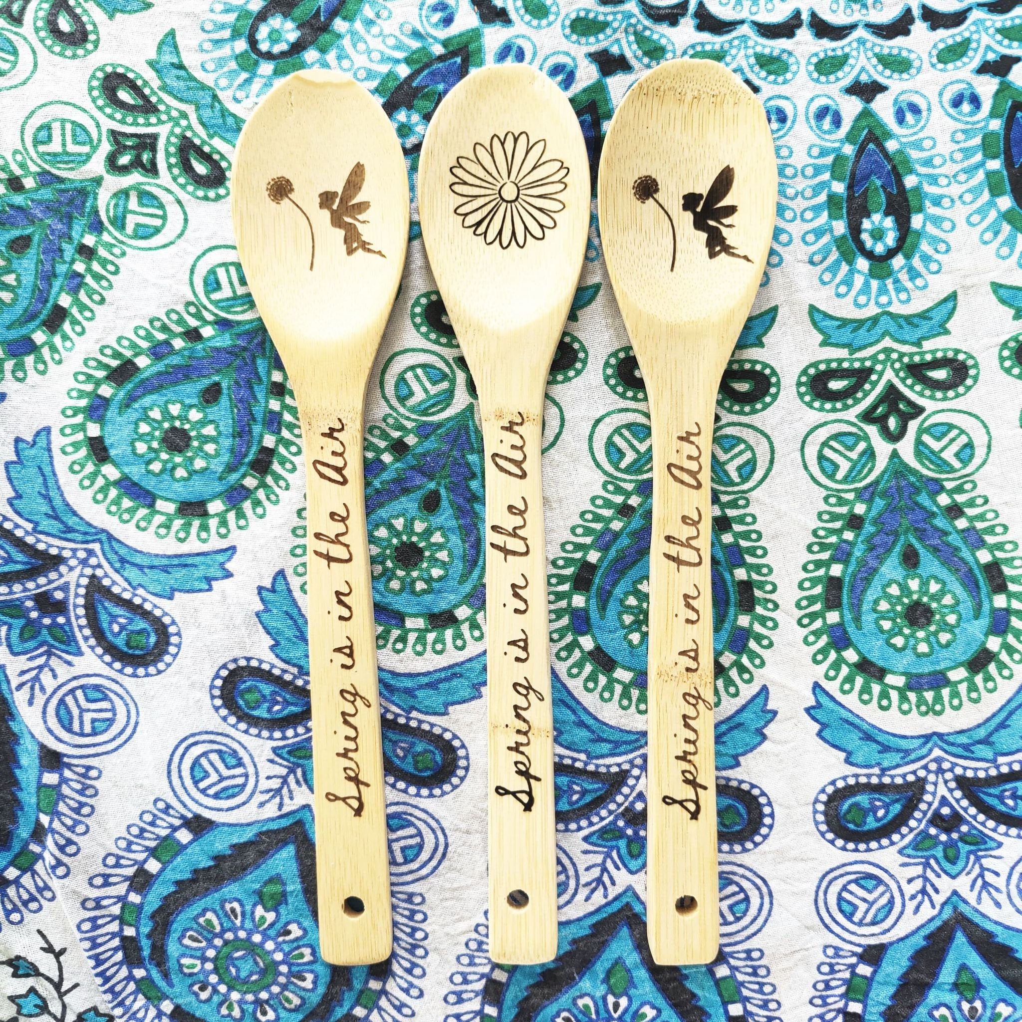 Woodburned Bamboo Spoon Set: Spring Decor, Fairy & Rabbit Design - Etsy