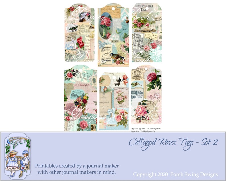 Collaged Roses Tags Set 2 - Journal Ephemera, Floral Tags, Journal Tags ...