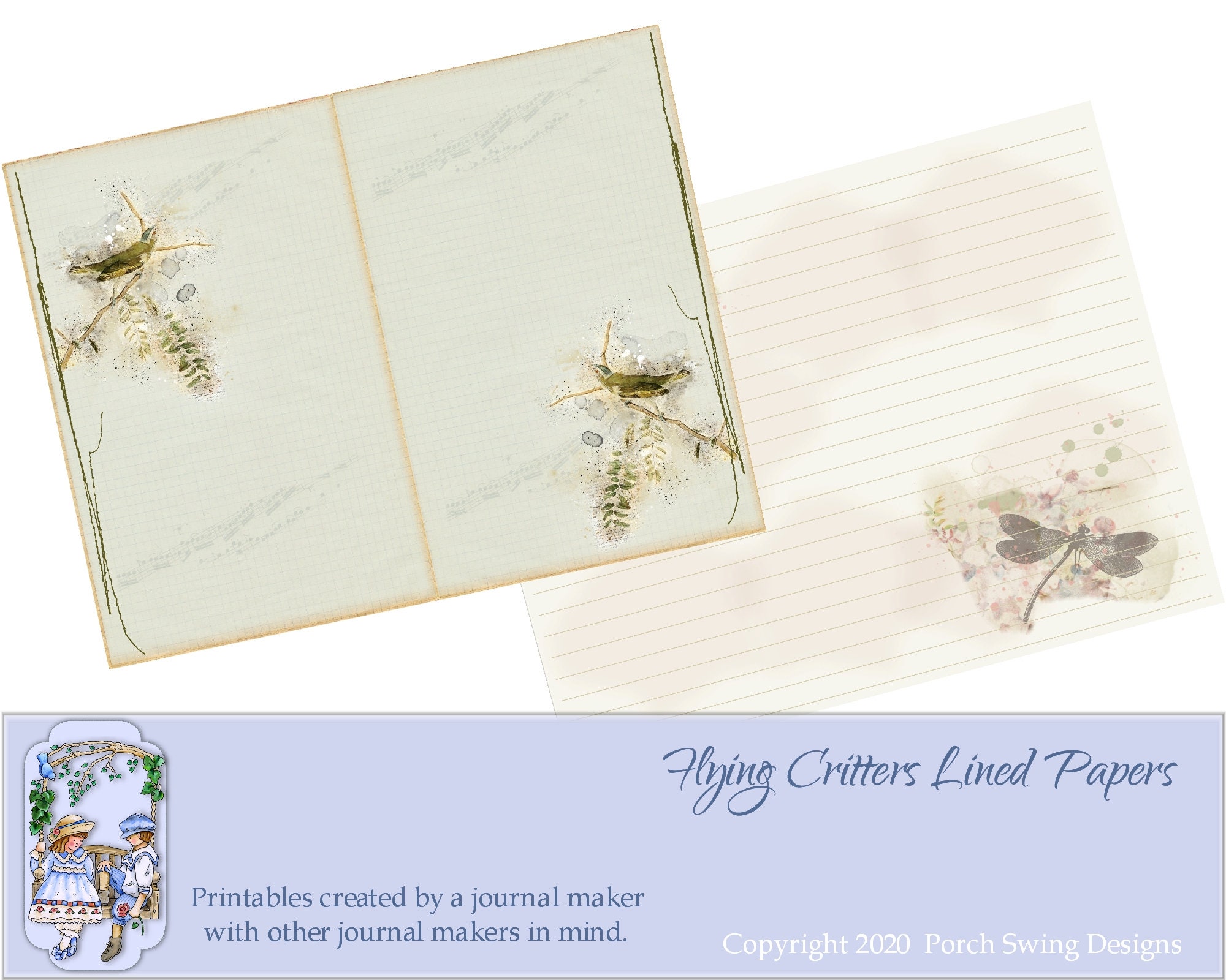 Flying Critters Lined Papers Birds Butterflies Dragonflies - Etsy