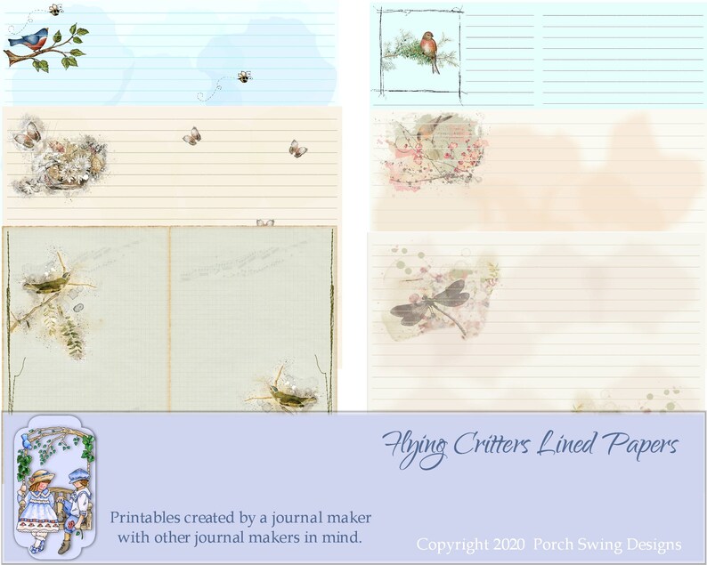 Flying Critters Lined Papers Birds Butterflies Dragonflies Bees ...