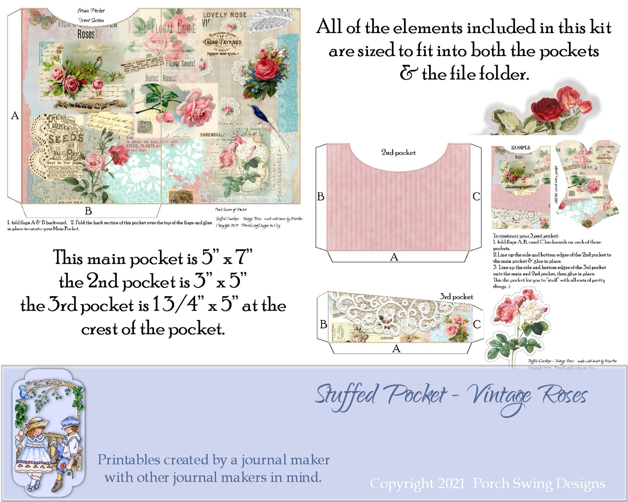 Stuffed Pocket Vintage Roses File Folder Tags Cards Tickets Flowers ...