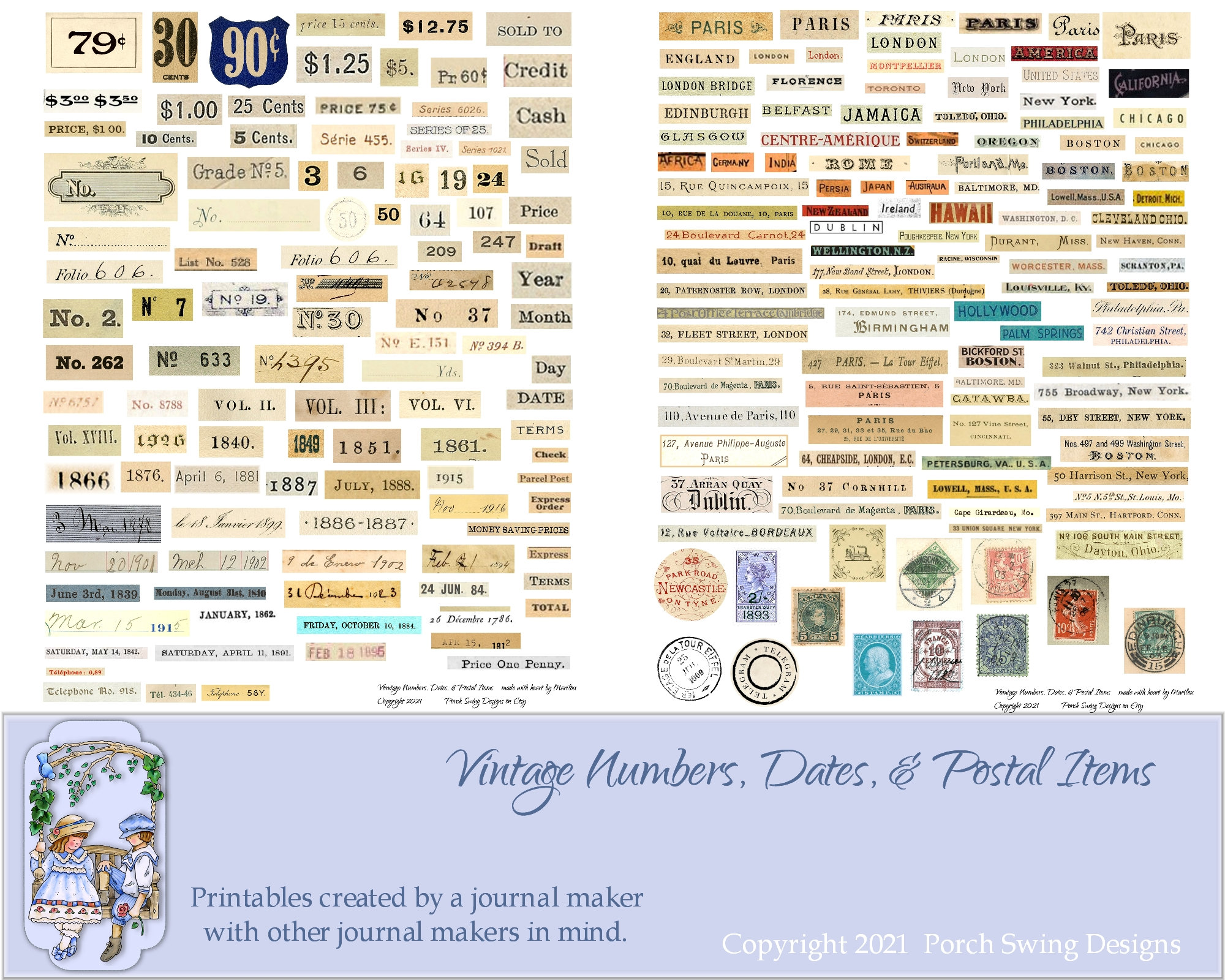 Vintage Numbers, Dates, and Postal Items Ephemera, Fussy Cuts, Stamps ...