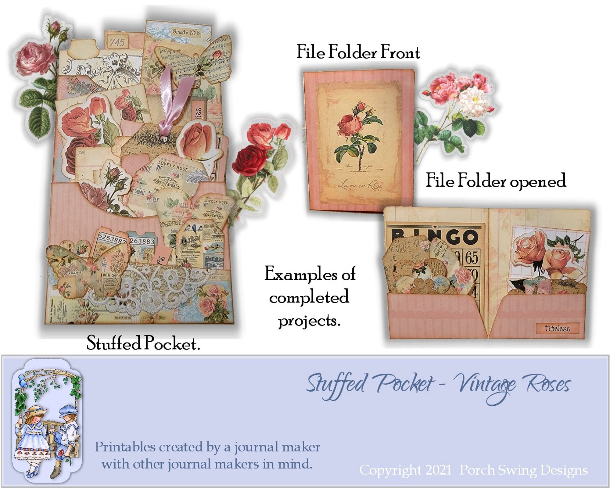Stuffed Pocket Vintage Roses File Folder Tags Cards Tickets Flowers ...