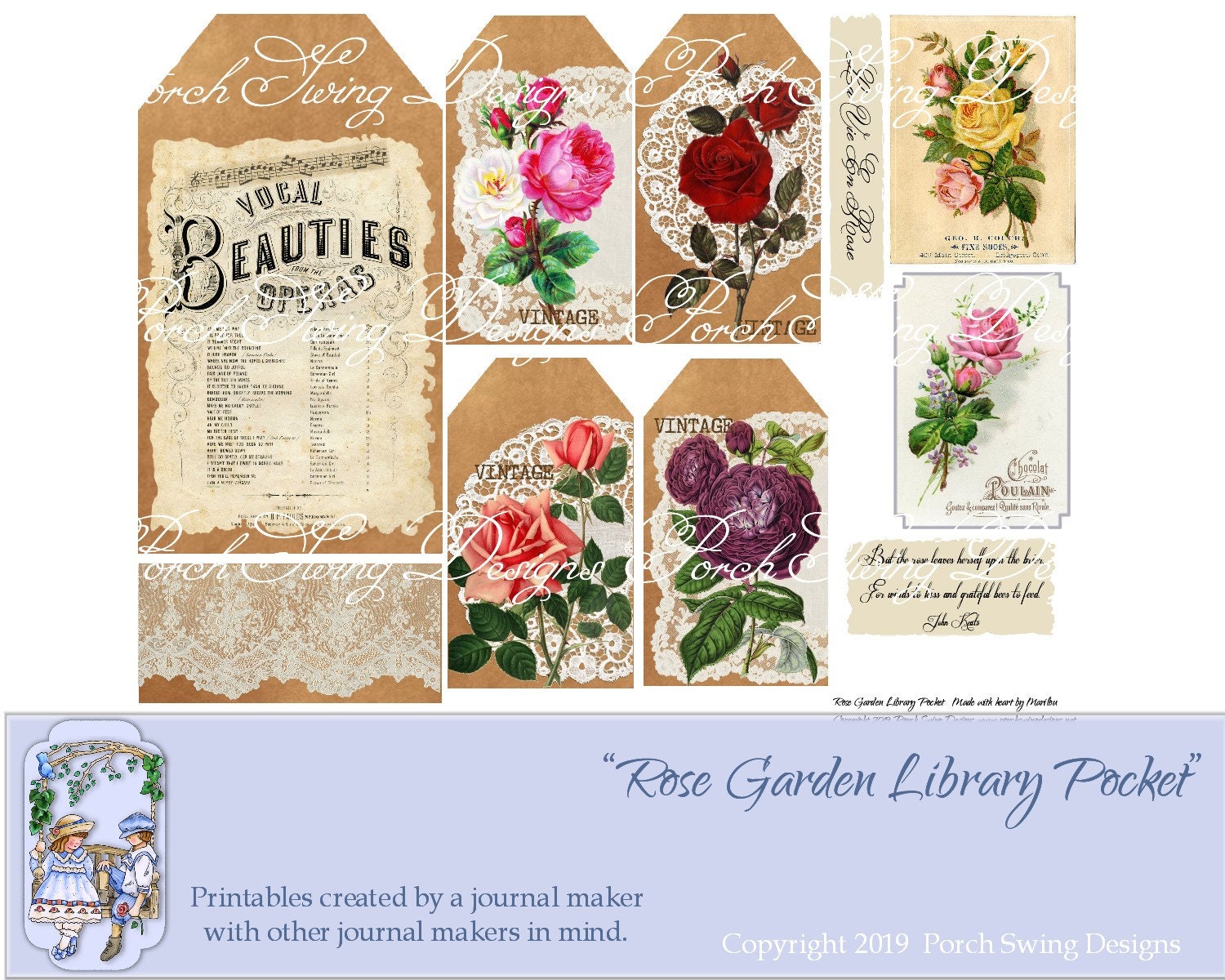 Rose Garden Library Pocket Vintage Rose Tag, Journal Pocket, Ephemera ...