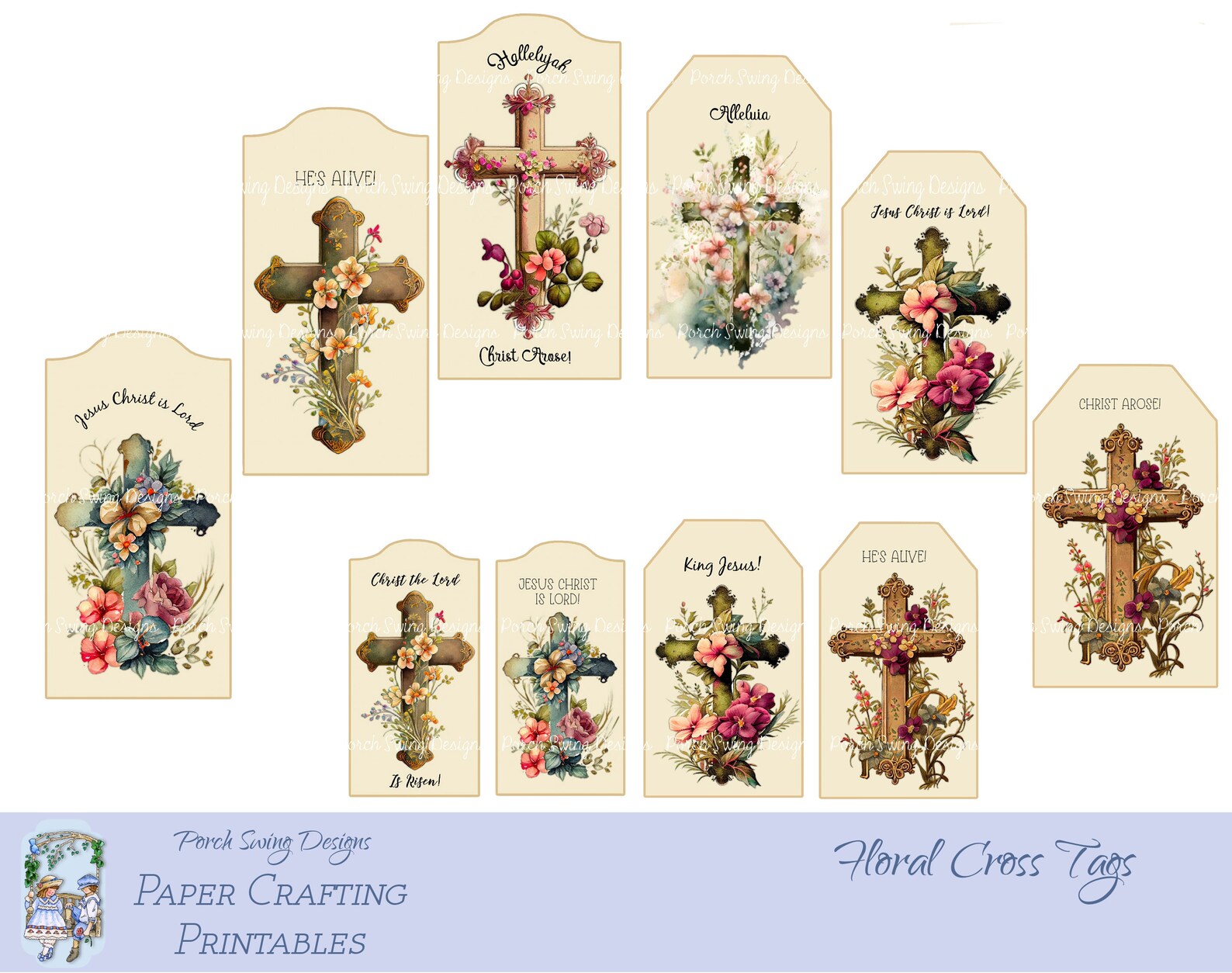 Floral Cross Tags - Religious Tags, Christian Tags, Vintage Cross Tags ...