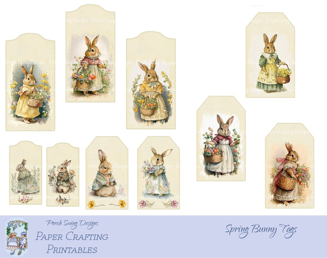 Spring Bunny Tags - Vintage Bunnies, Easter Tags, Floral Tags, Spring ...