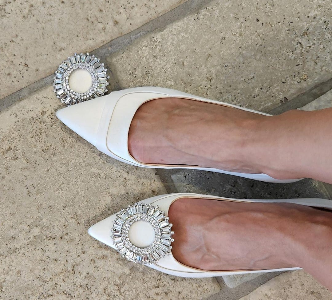 Flats + Shoe Clips, White Satin Leather for Wedding, Bride, Bridesmaids ...