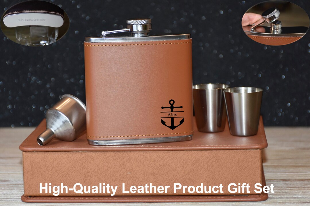 Genuine Leather Flask Set, Groomsmen Flask Set, Engraved Flask ...