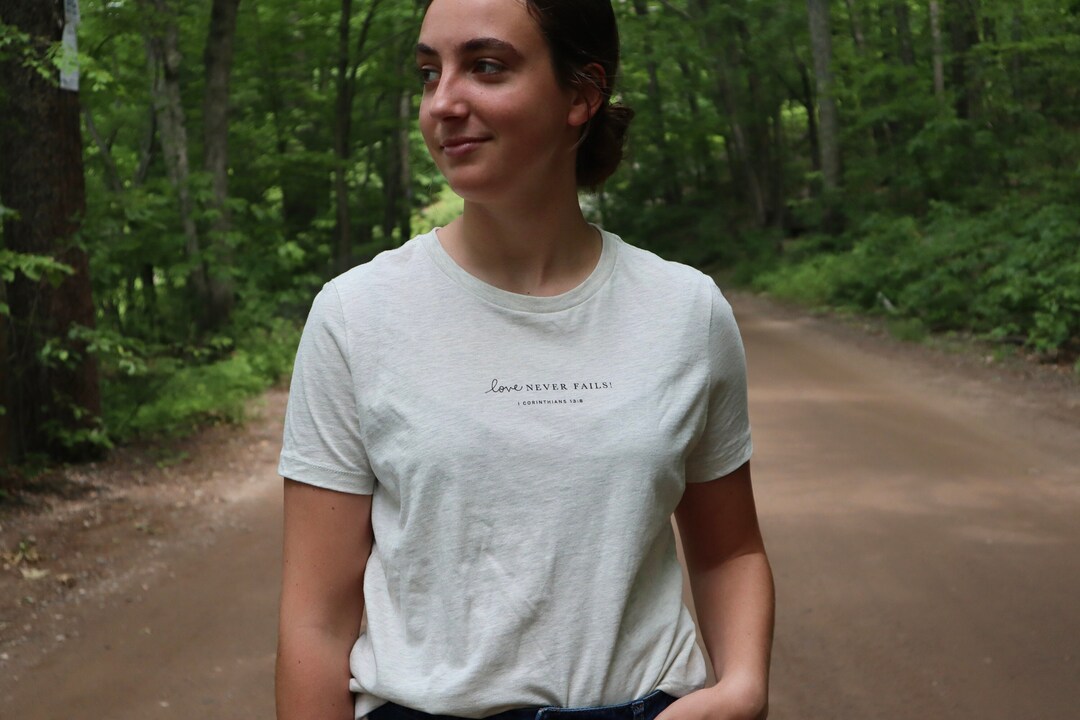 Love Never Fails TEE 1 Corinthians 13:8, Love T-shirt, Faith T-shirt, White, Blue Lagoon, Bella ...