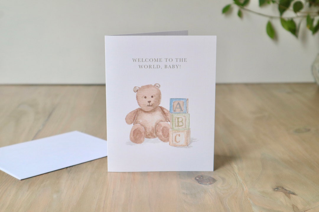 Teddy Bear CARD Baby Card, Wooden Blocks Card, Baby Girl, Baby Boy, New ...