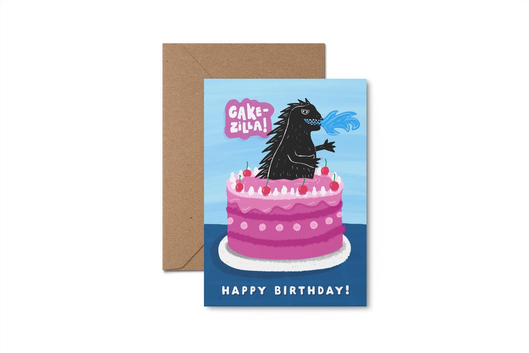 Cake-zilla Godzilla Birthday Card - Illustrated Birthday Card - Etsy