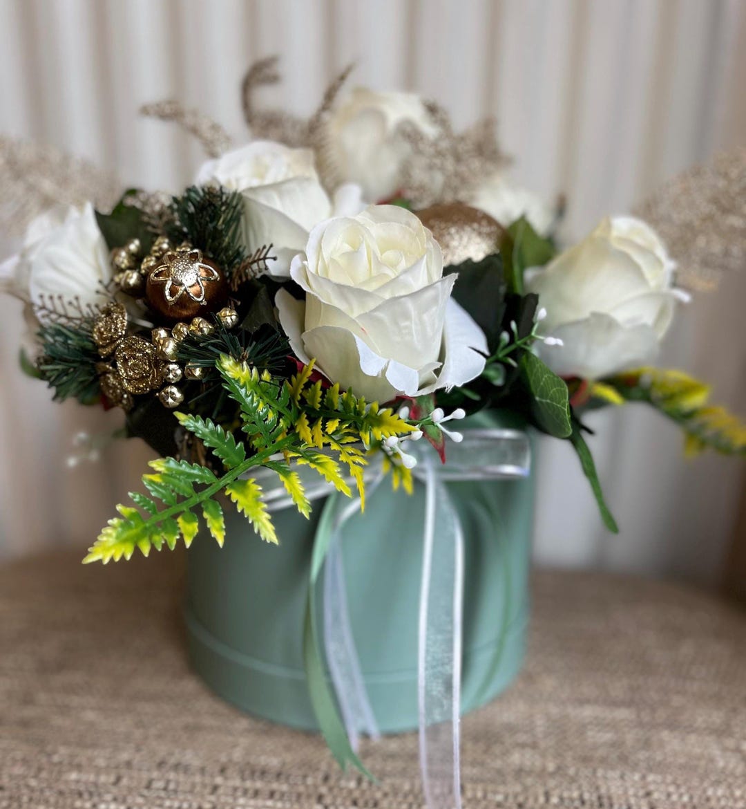Luxury Christmas Hat Box Handmade Artificial Flowers in Shades of Cream ...