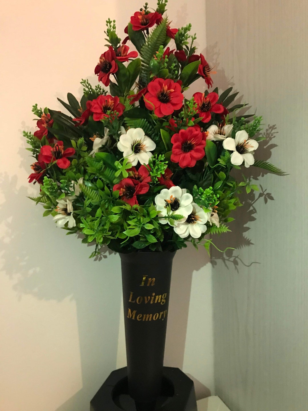 Handmade Artificial Shades of Red and Ivory Flower Cemetery Vase Flower ...