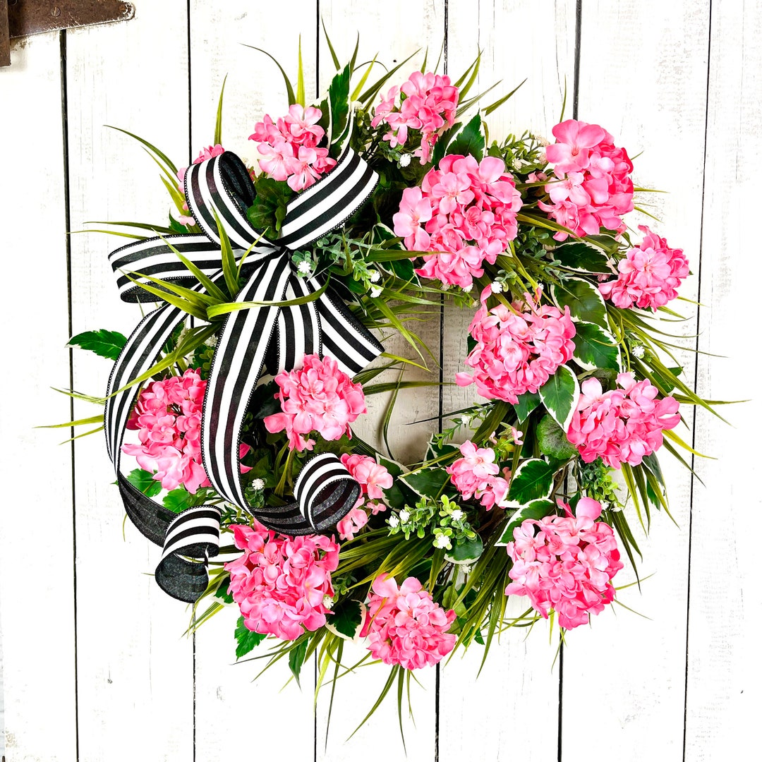Pink Geranium Wreath for Front Door Geranium Door Décor Cottagecore ...