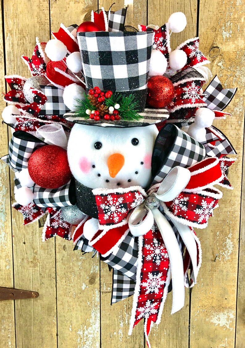 Snowman Wreath for Front Door Buffalo Check Christmas Large | Etsy
