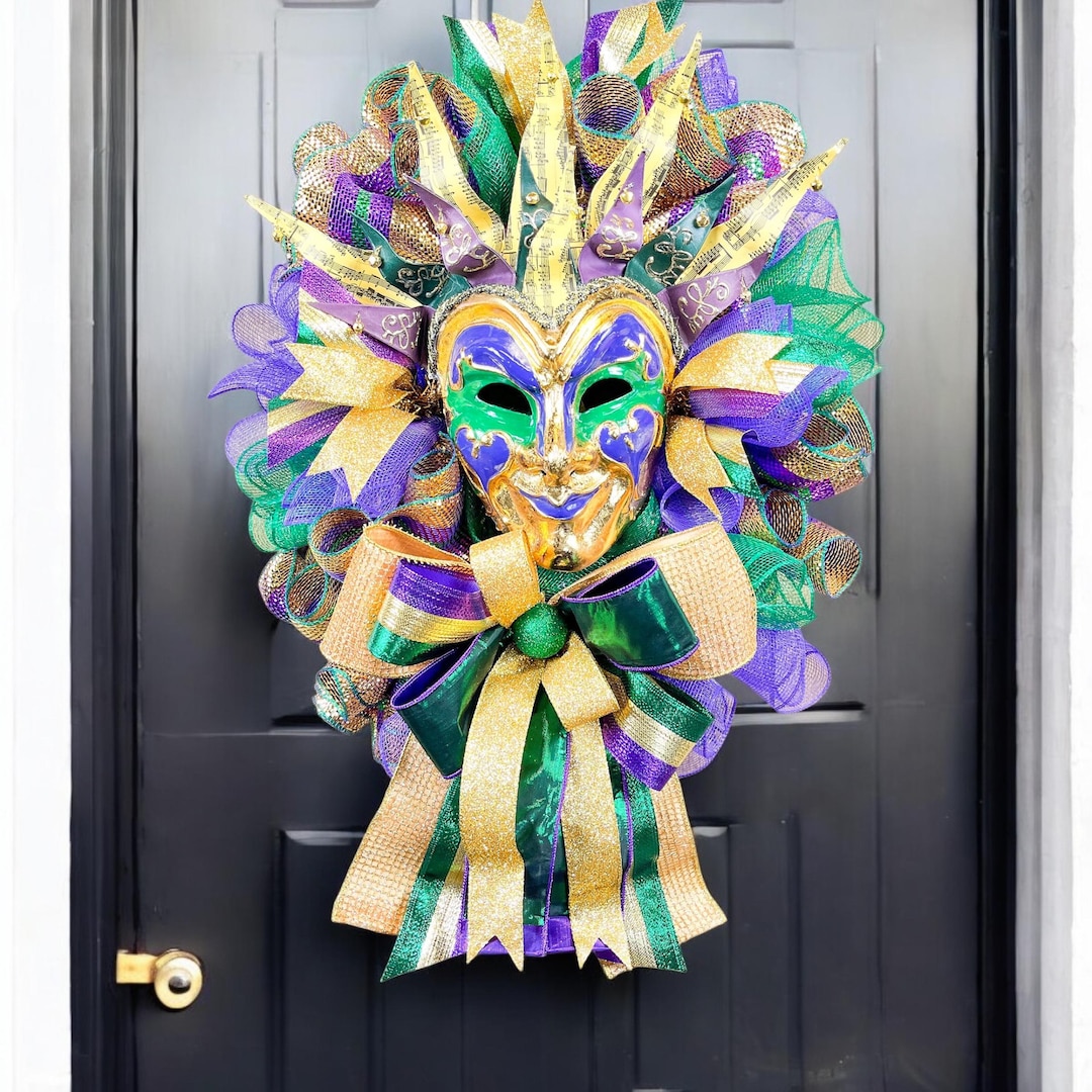 Large Mardi Gras Mask Wreath for Front Door Carnival Décor New Orleans ...